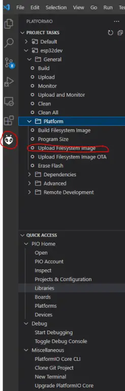 How to upload FileSystem Image in PlatformIO IDE?