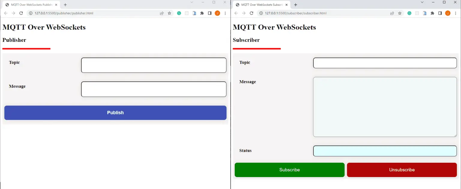 Publish and Subscribe MQTT messages over WebSocket
